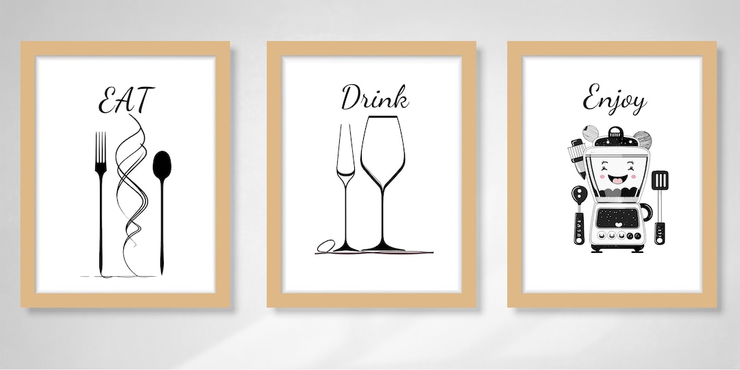 Kitchen Decor, Set of 3 Line Drawing Printable, Kitchen Wall Art ...