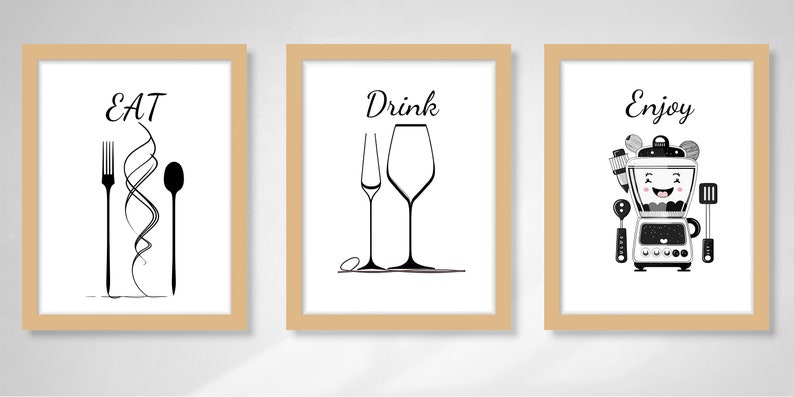 Kitchen Decor, Set of 3 Line Drawing Printable, Kitchen Wall Art ...