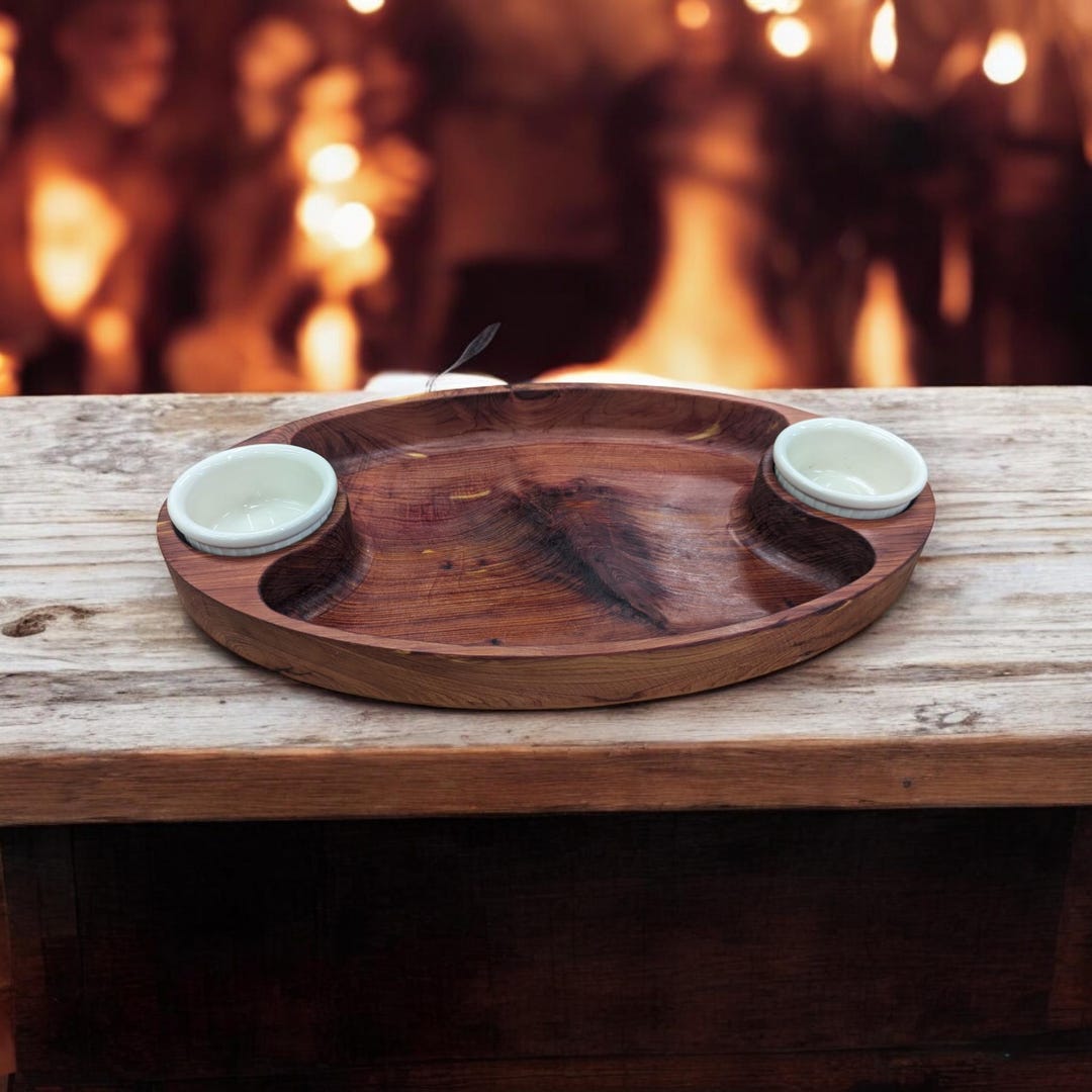 Cedar - Wooden Serving Tray With 2 Carved Pockets & Optional ...