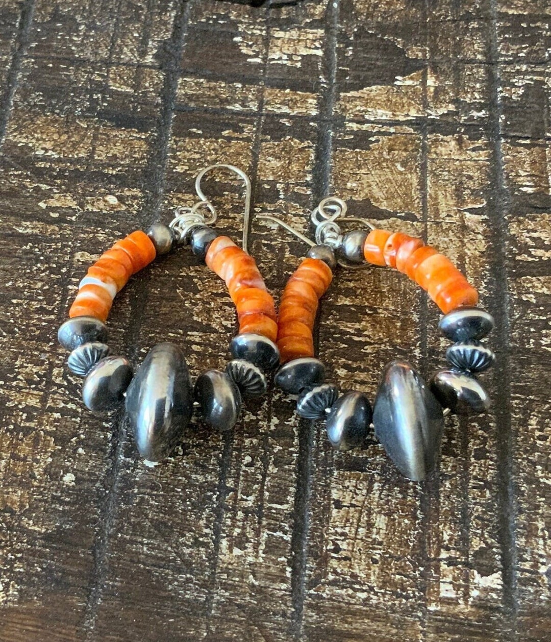 E033 Beautiful Orange Spiny Oyster and Sterling Navajo Pearl Hoops ...