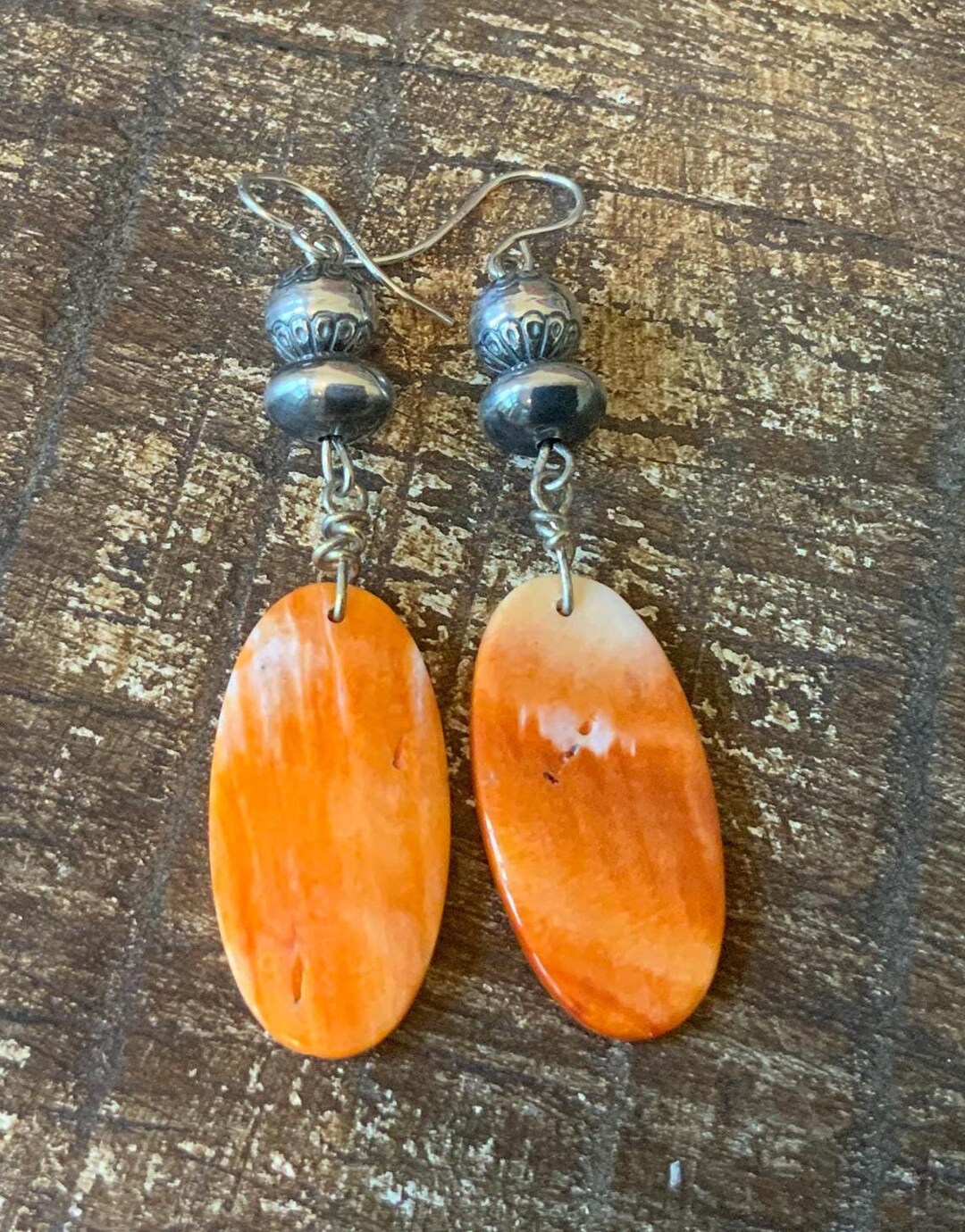 E043 Orange Spiny Oyster Drops, Sterling Navajo Pearls, Sterling Ear ...