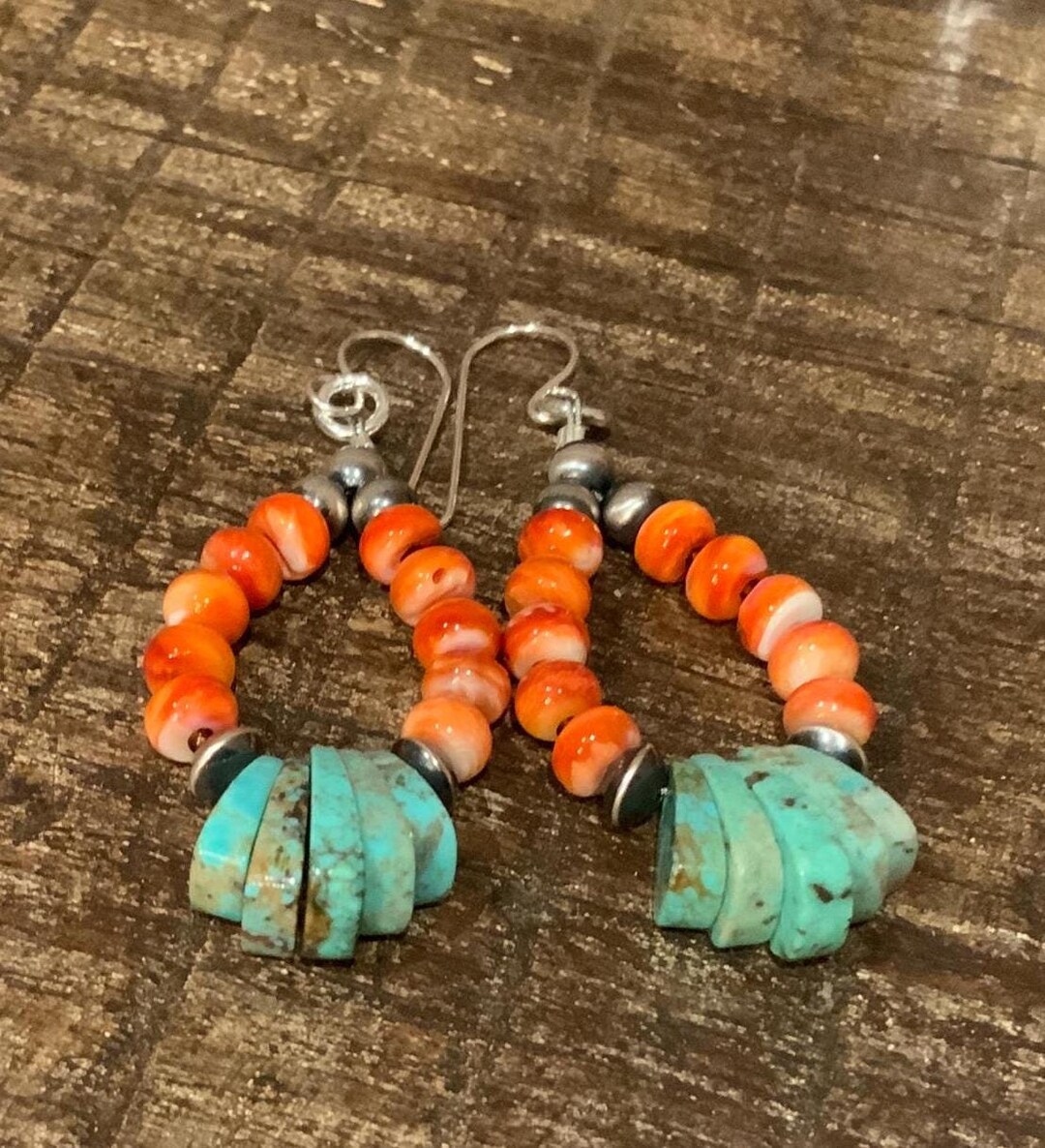 E002C Orange Spiny Oyster, Kingman Turquoise Drops, Sterling Navajo ...