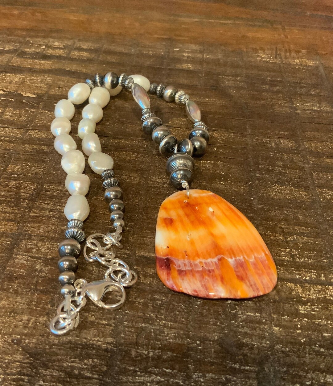 P121 - Beautiful Orange Spiny Oyster Pendant, Pearls, Sterling Navajo ...