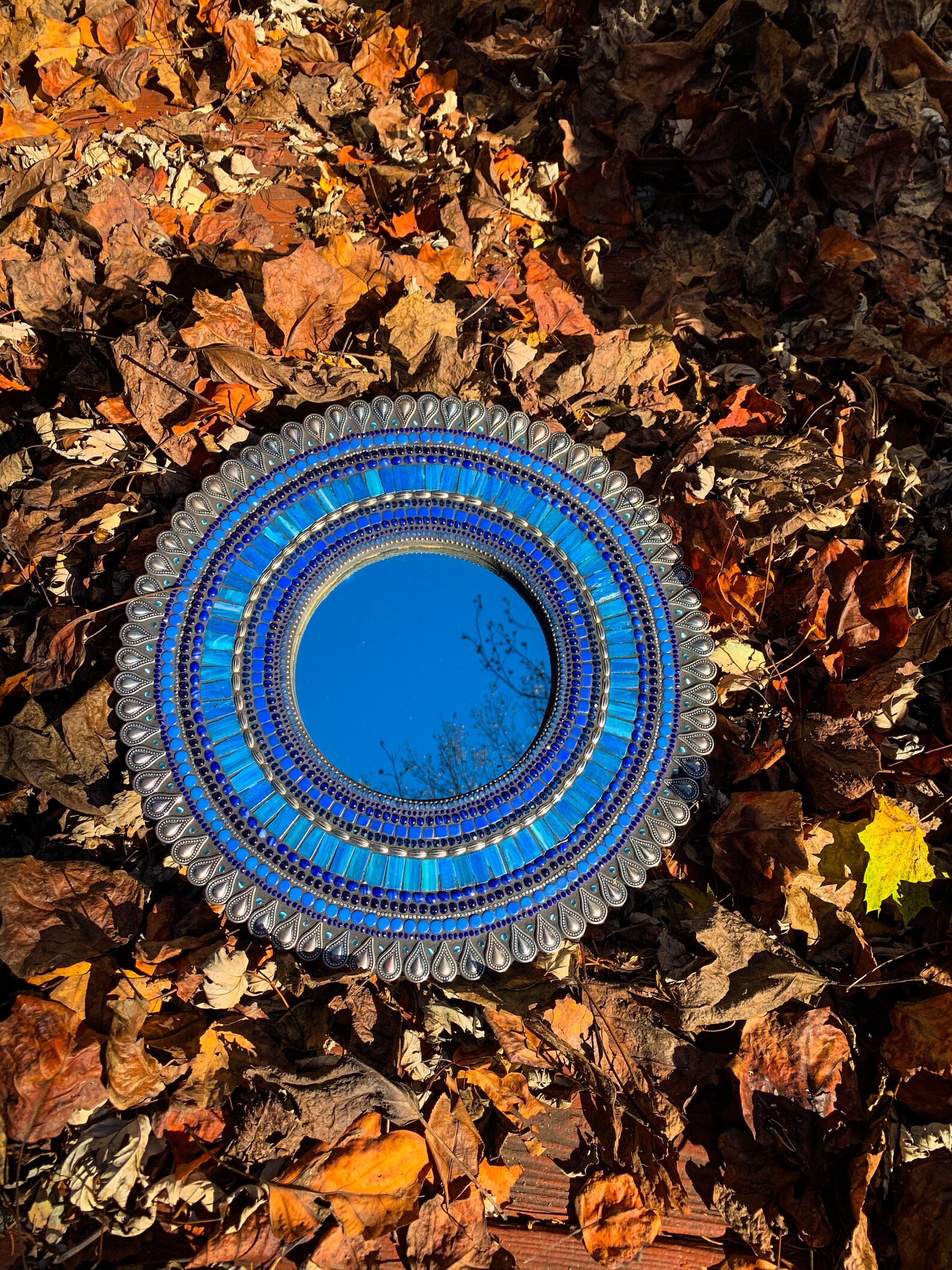 15" Iridescent Blue Teardrop Round Mosaic Mirror - Etsy