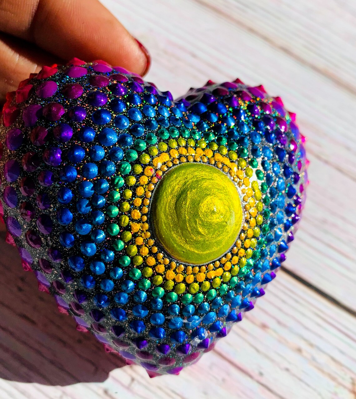 Holographic Rainbow Puffy Mandala Heart Stone - Etsy