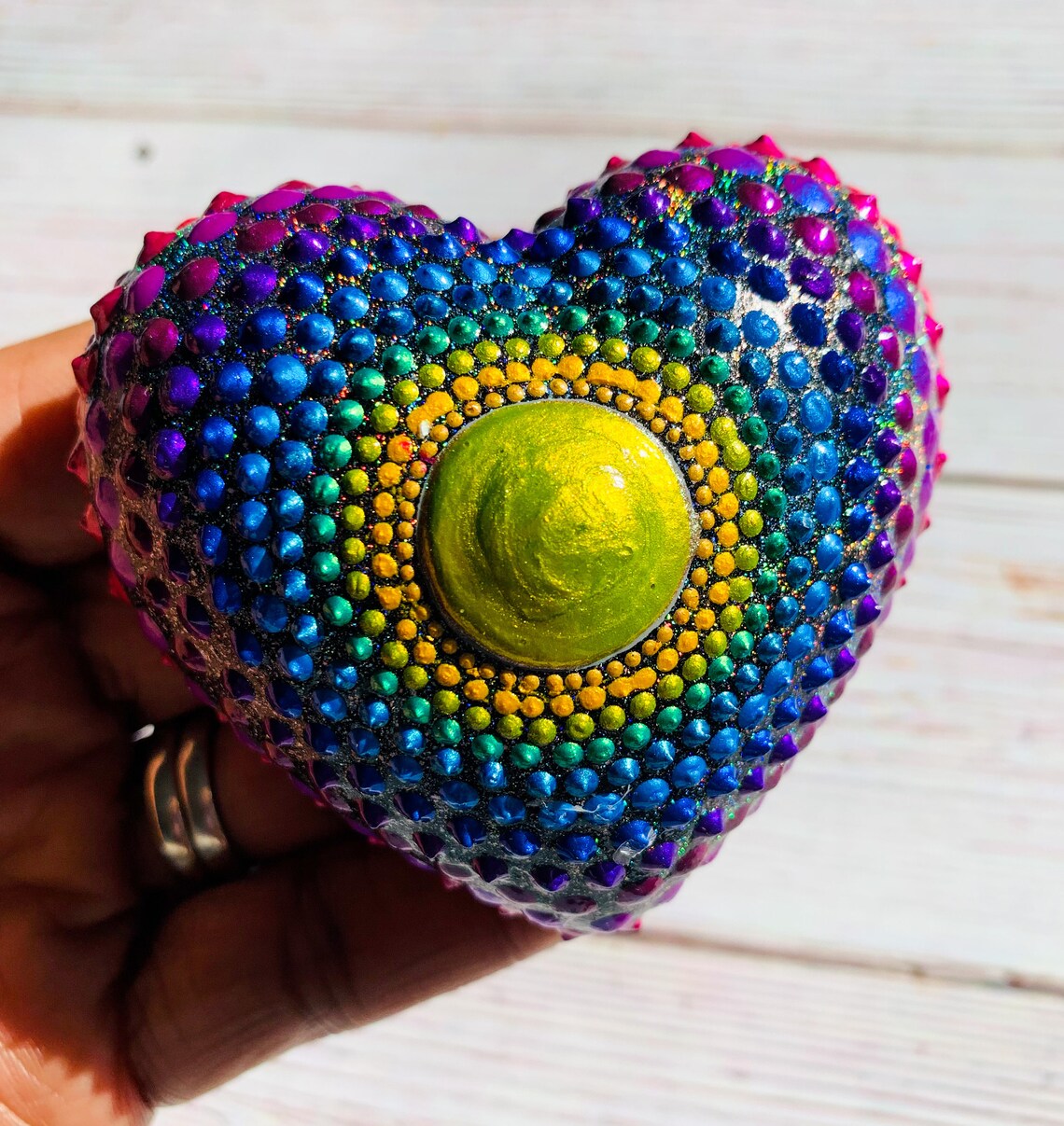 Holographic Rainbow Puffy Mandala Heart Stone - Etsy