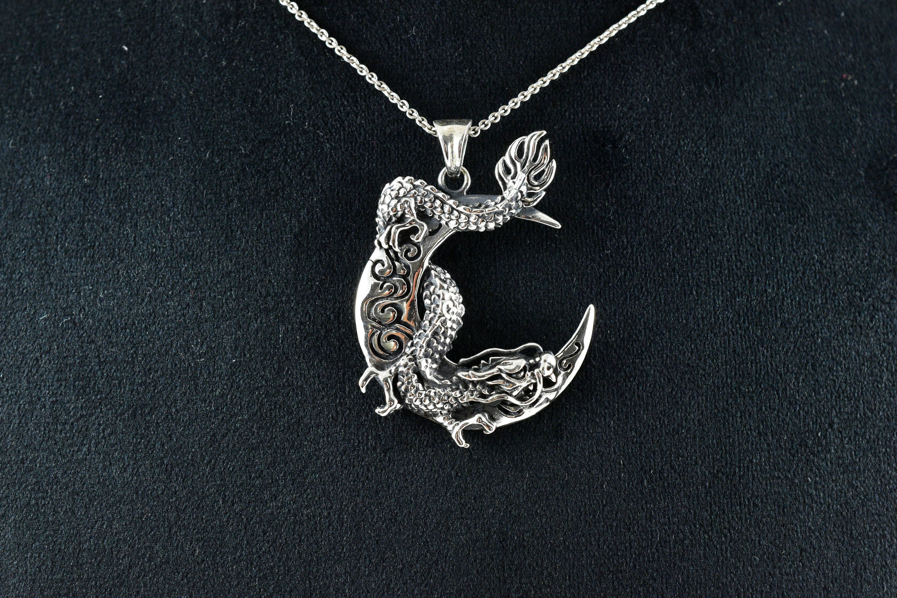 Crescent Moon Dragon Pendant Sterling Silver Pendant 925 - Etsy