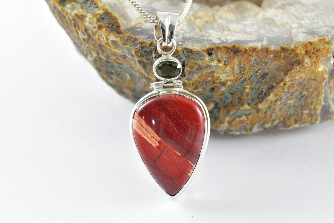 Faceted Moldavite Necklace Red Jasper Cabochon, Sterling Silver Pendant ...