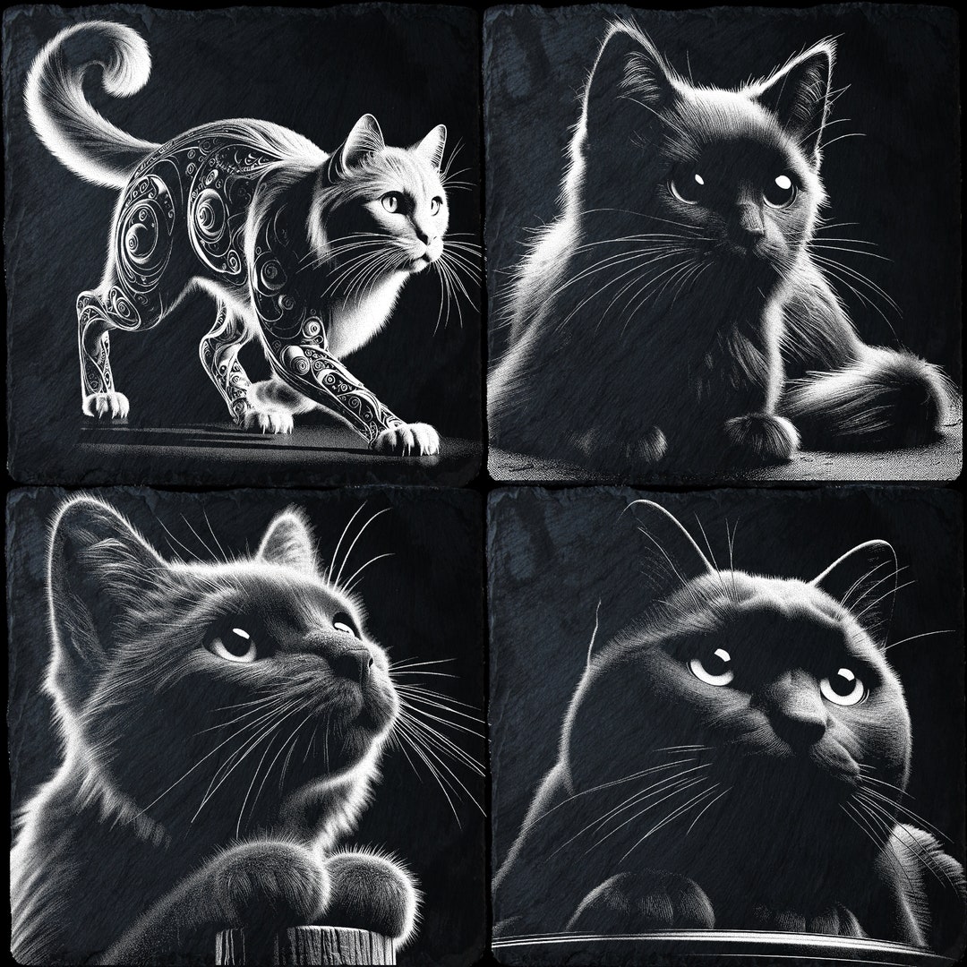 4 Cat Pack | Laser Files Bundle | Laser Burn PNG | Slate Engraving ...