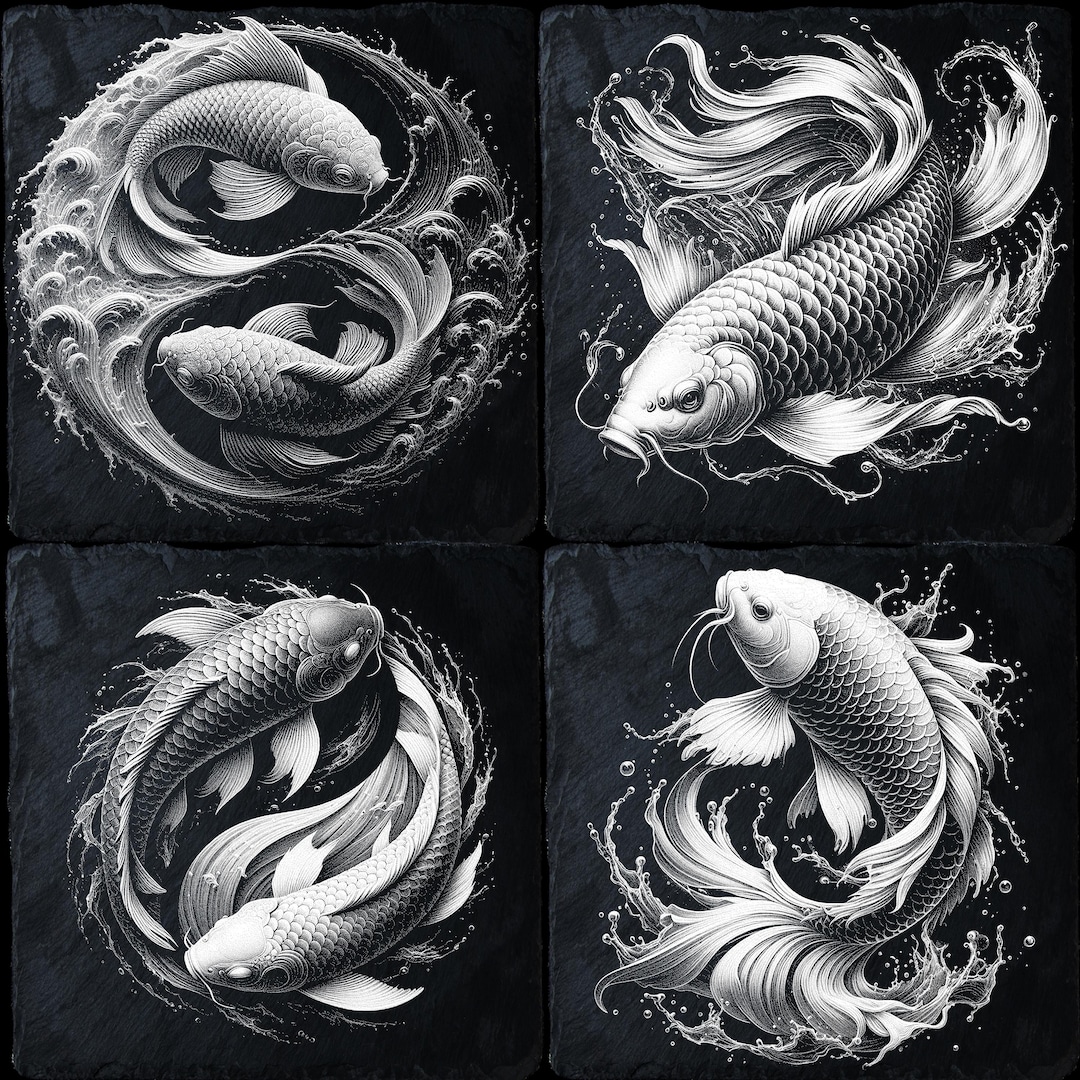 Koi Fish Laser Engraving PNG Set | Japanese Yin Yang Fish Art, CNC Cut ...