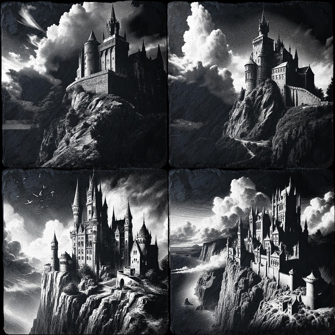 Medieval Castle PNG Set – 4 Dramatic Cliffside Fortress Engraving Files ...