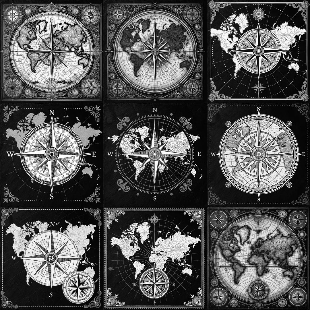 Vintage World Map PNG: Compass Rose Nautical Laser Engraving (digital ...