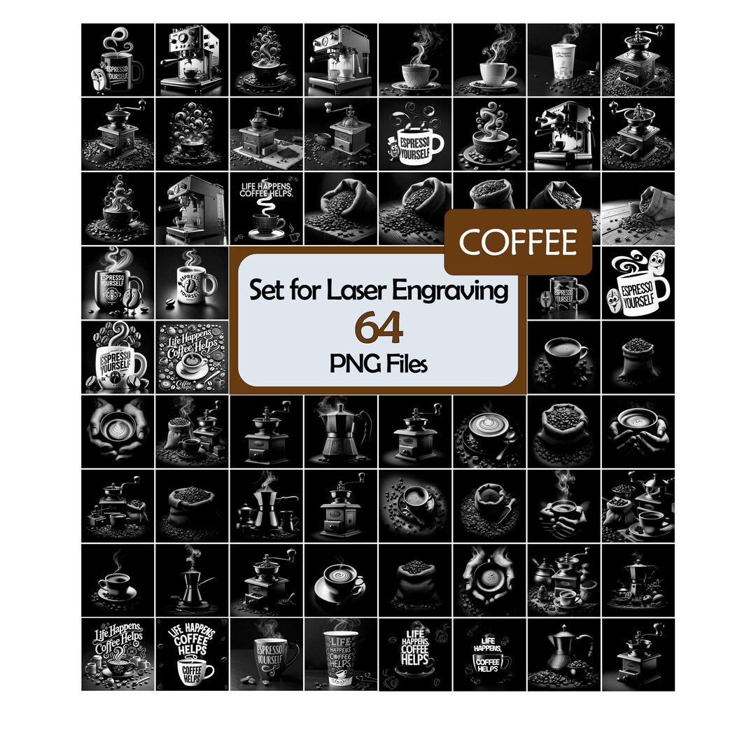 Set of 64 Coffee PNG Files for Laser Engraving | Cups, Beans, Espresso ...