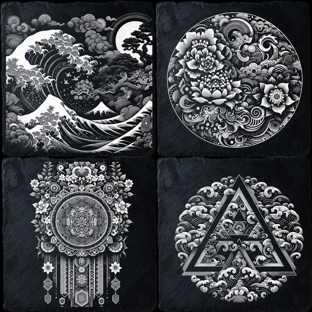 Set of 4 Japanese Folk PNG Patterns | Laser Engraving Files | Slate ...