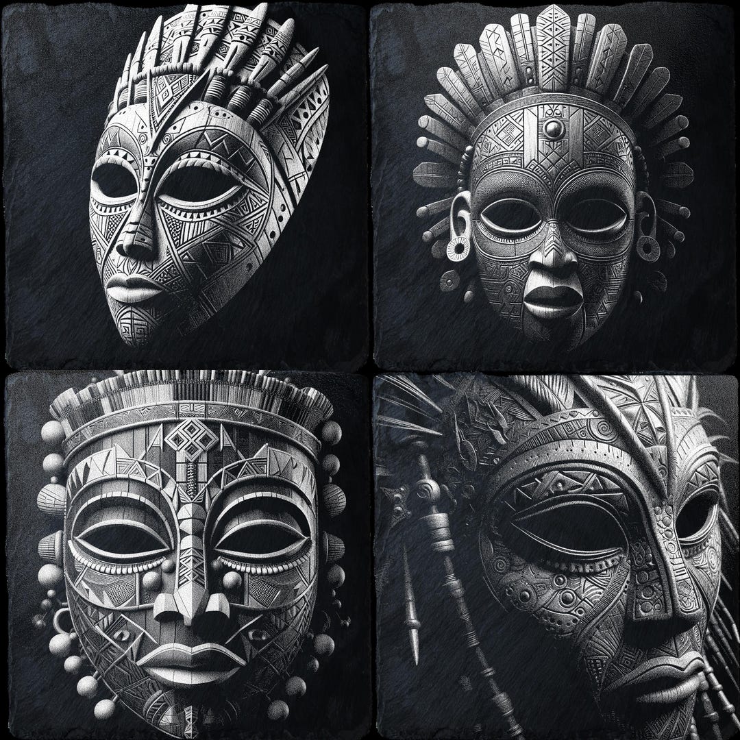 African Traditional Mask PNG Set for Laser Engraving – 4 Unique Tribal ...