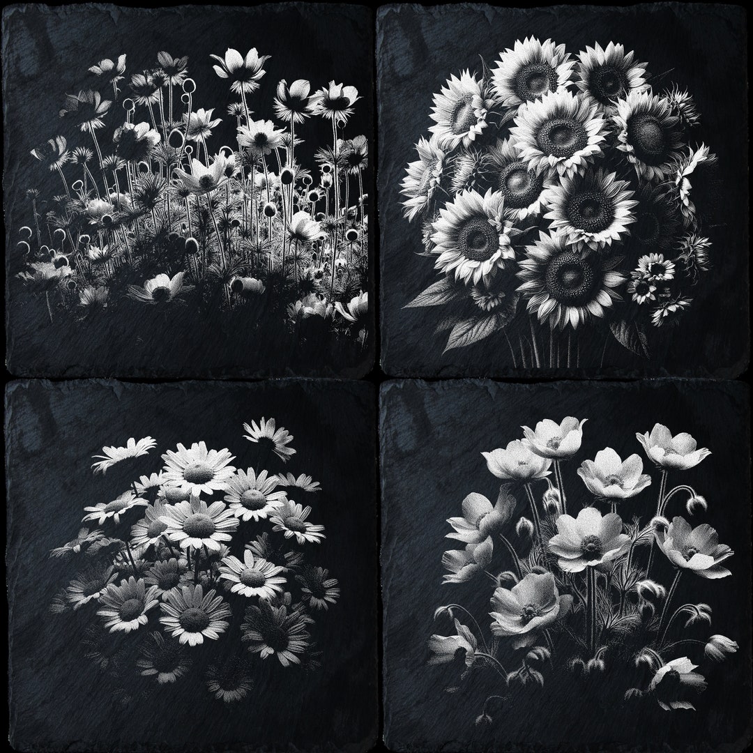 Floral Fusion: 4-piece Slate Coaster Collection With Laser-engraved ...