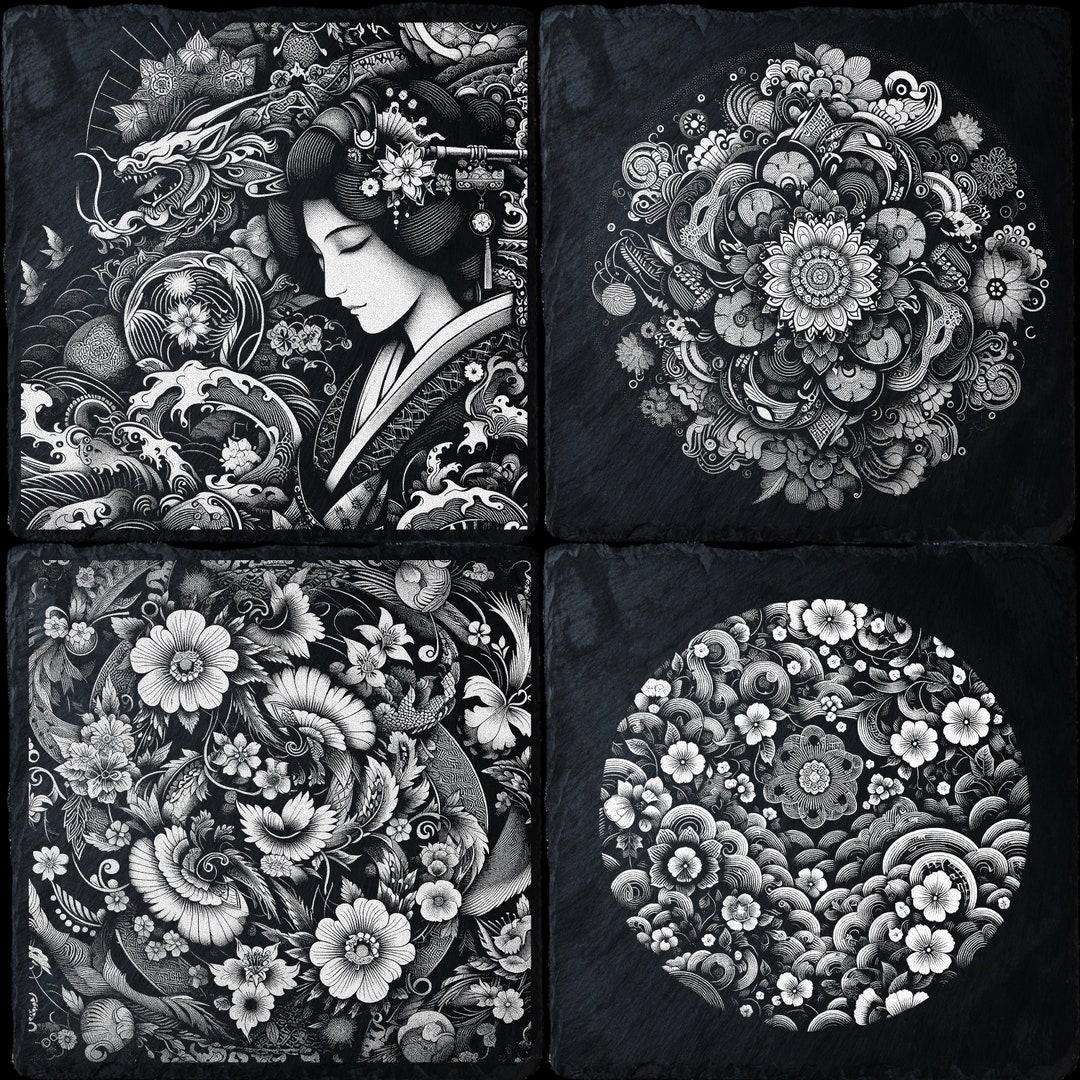 Set of 4 Japanese Folk PNG Patterns | Laser Engraving Files | Slate ...