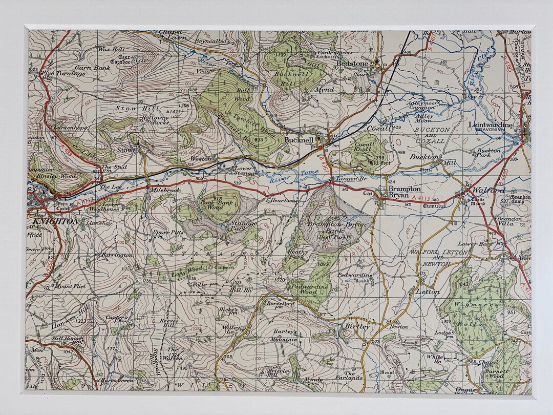 Bucknell, Knighton, Birtley and Surrounding Area Original 1952 Ordnance ...