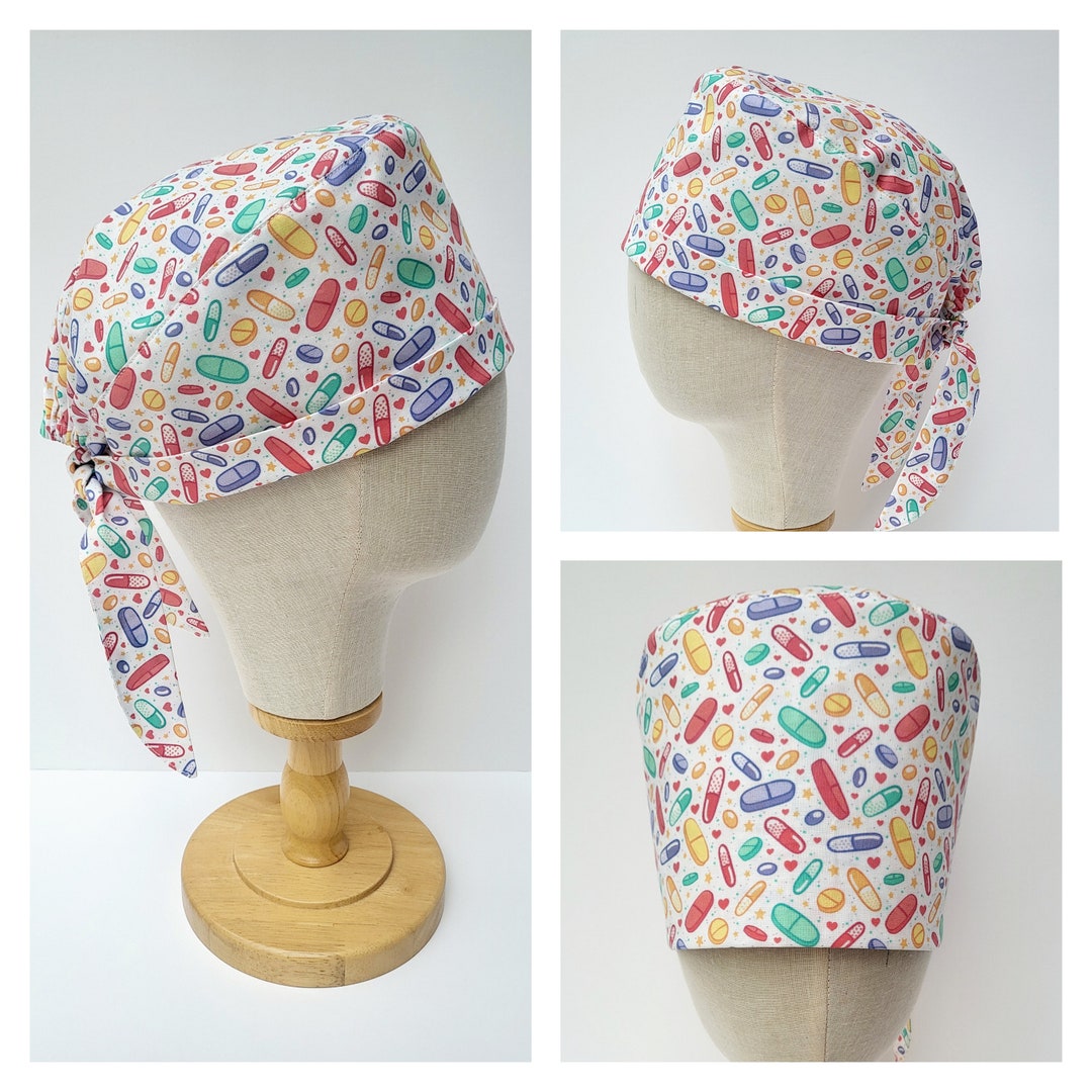 Pill Print Surgical Scrub Hat, Pharmacist Scrub Cap. Adjustable Tie ...