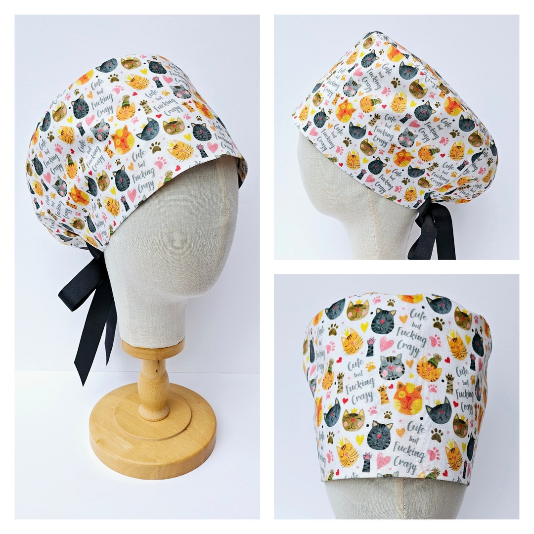 Cute but Crazy Snarky Adult Cat Print Surgical Scrub Hat, Crazy Cat ...