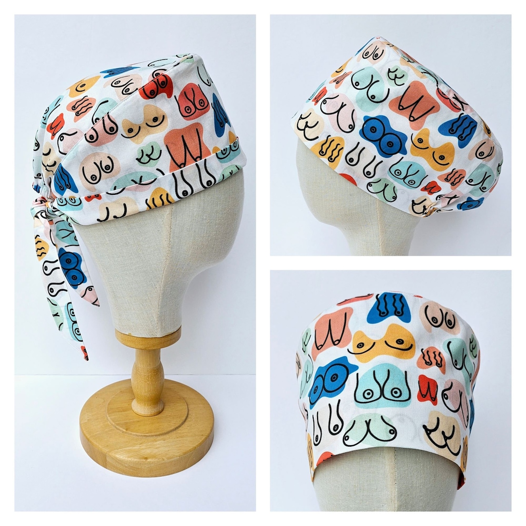Modern Boob Print Surgical Scrub Hat, Colourful Rainbow Boobs Scrub Cap ...