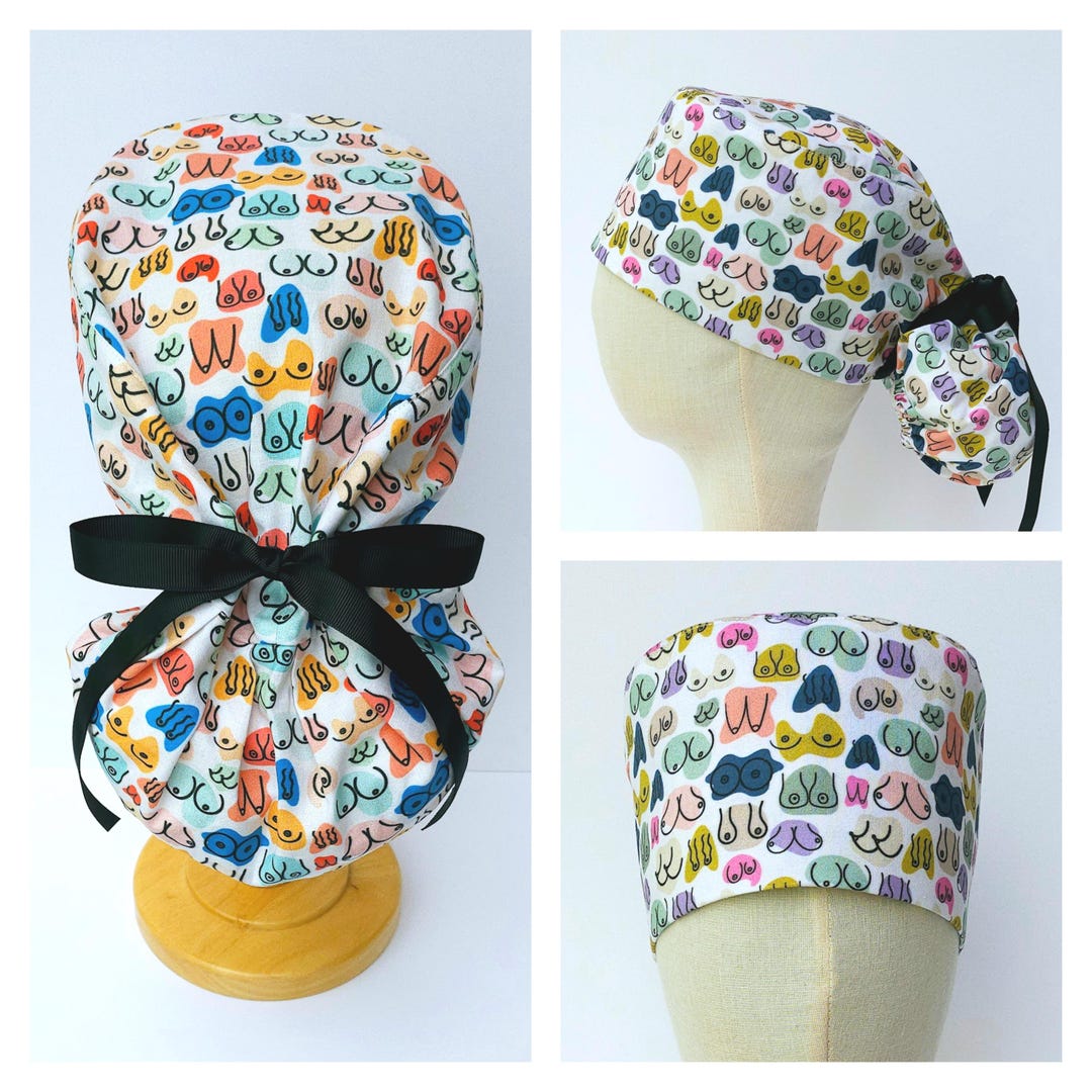 Modern Boob Print Surgical Scrub Hat, Ponytail Style Scrub Cap, Long ...