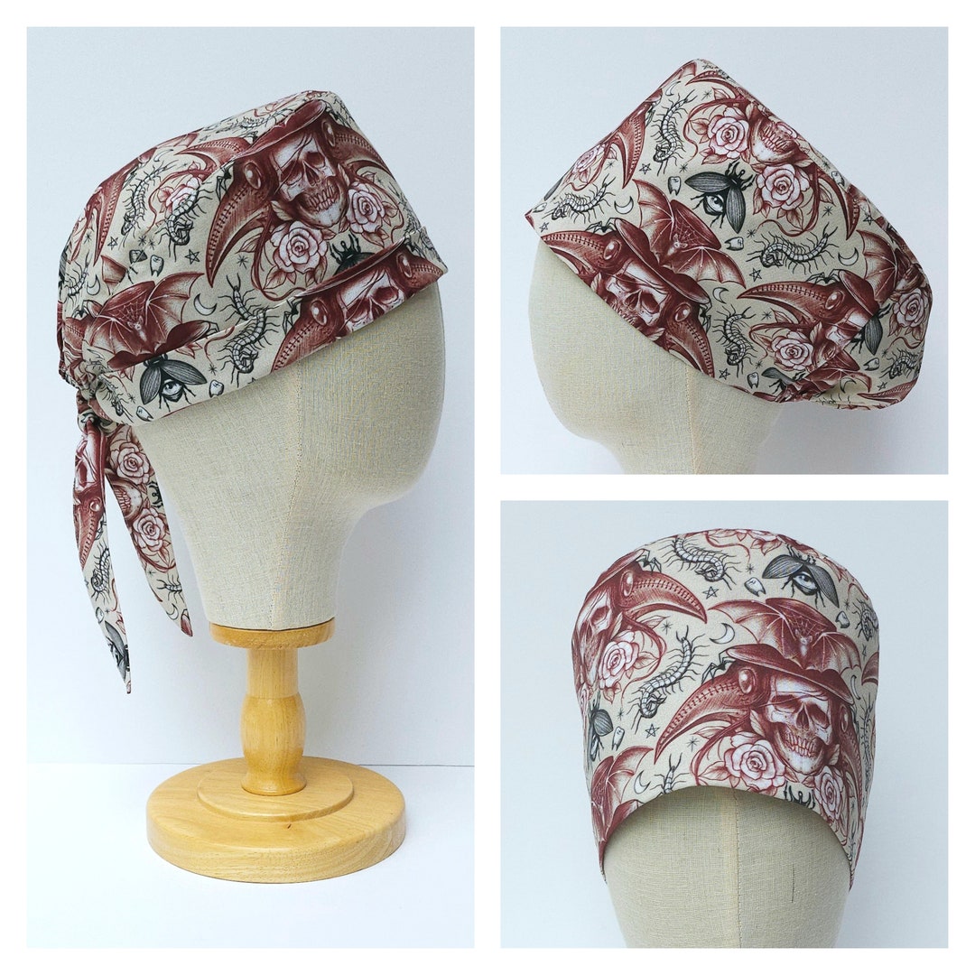 Plague Doctor and Scull Scrub Hat, Gothic Horror Print Surgical Scrub ...