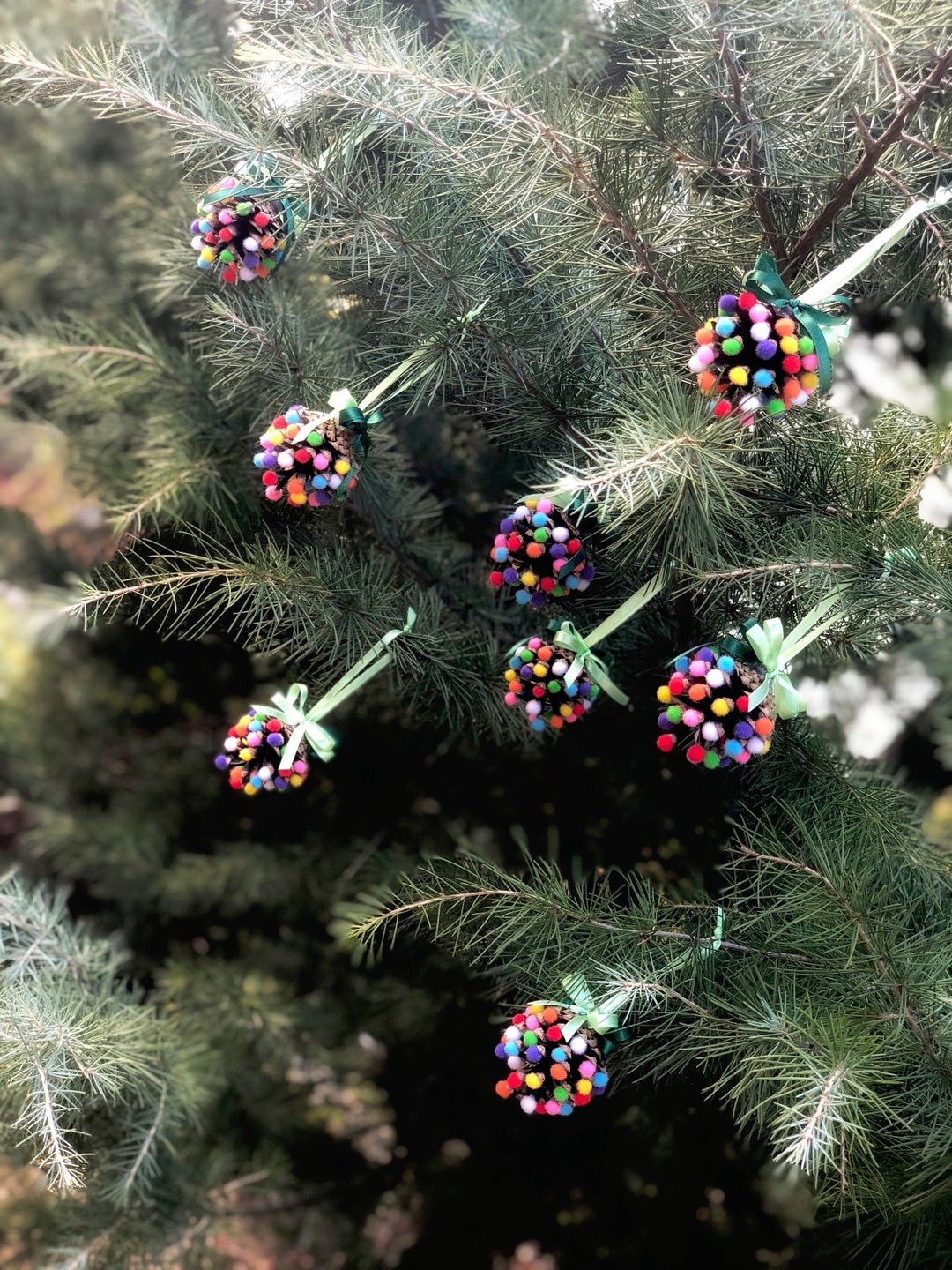 Christmas Globes skittles 8 Pcs Pinecones and Ribbons Colorful ...