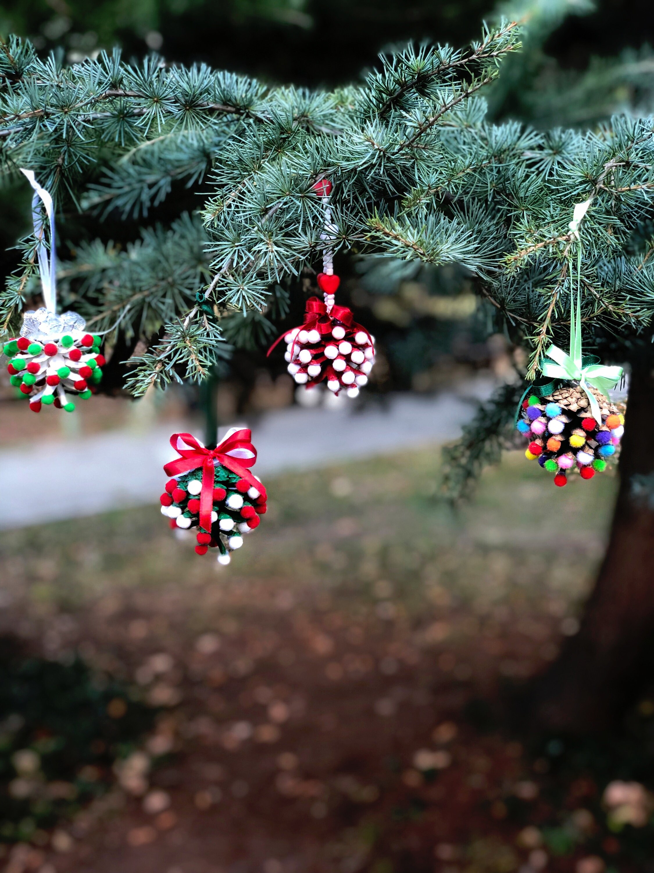 Christmas Globes skittles 8 Pcs Pinecones and Ribbons Colorful ...