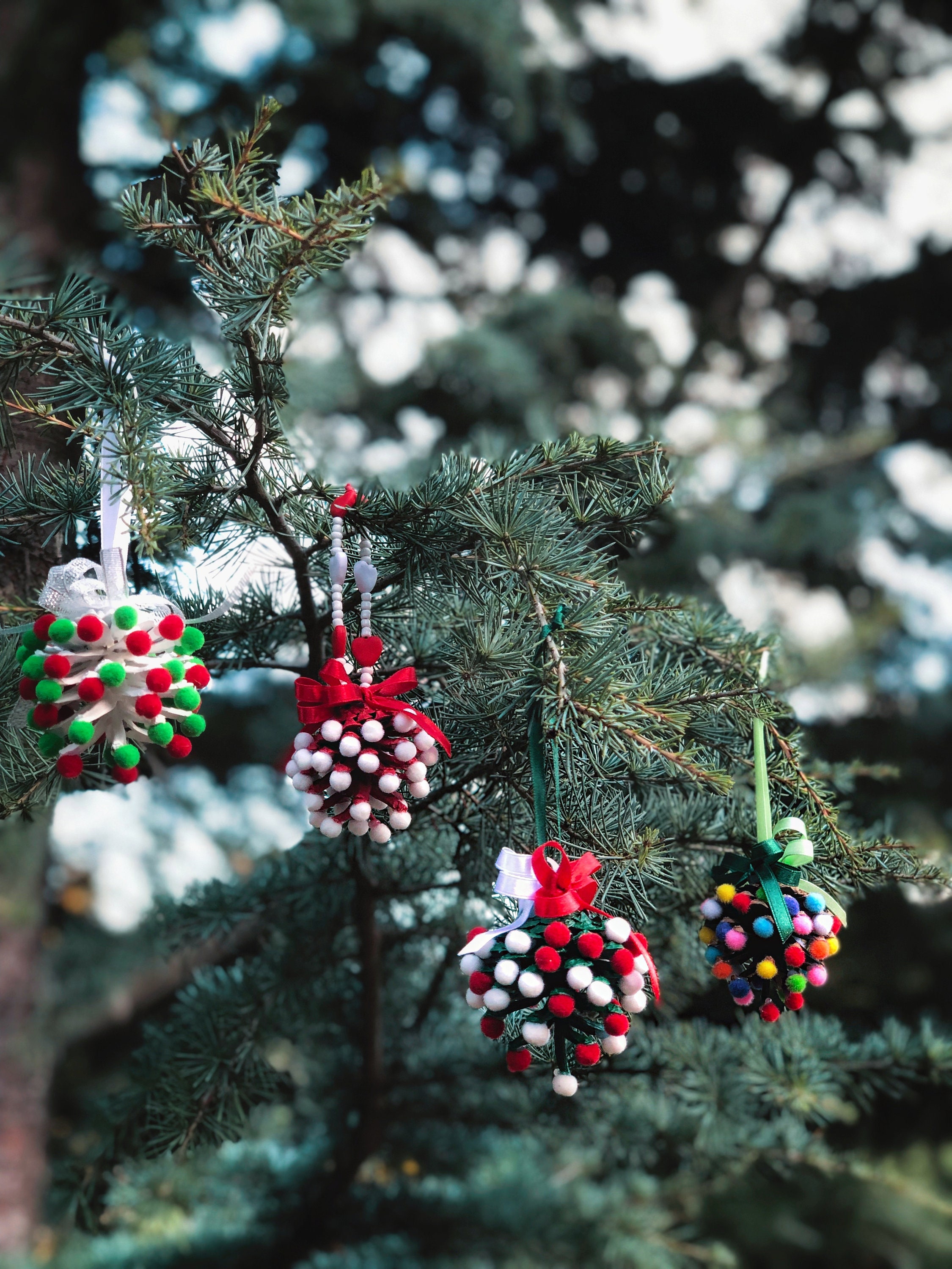 Christmas Globes skittles 8 Pcs Pinecones and Ribbons Colorful ...