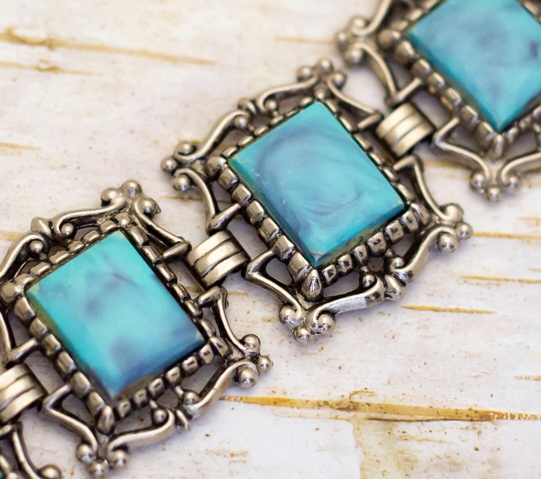 7 Inch, Vintage Blue Squares Silver Tone Geometric Bracelet BZ3 - Etsy