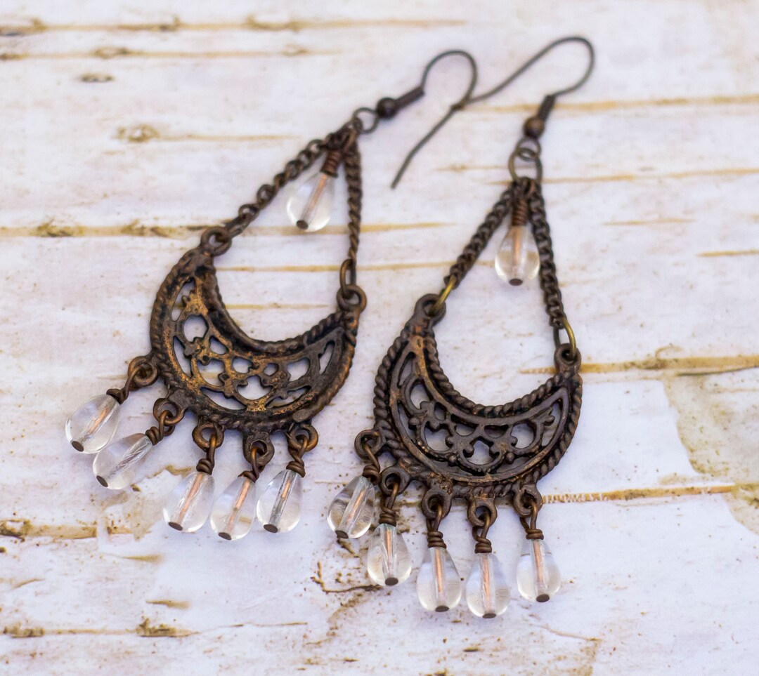Vintage Multiple Teardrop Rhinestones Bronze Tone Bohemian Dangle ...