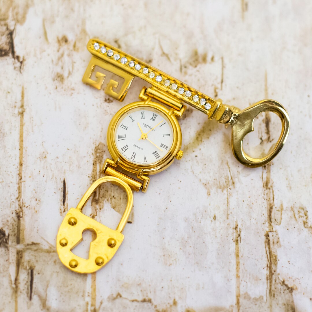 Vintage Key & Lock Gold Tone Clock Brooch B19 - Etsy