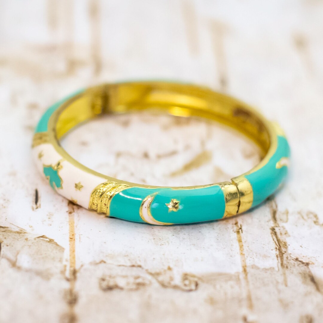 7 Inch, Vintage Teal Blue Band Gold Tone Celestial Hinge Bangle - B18 ...