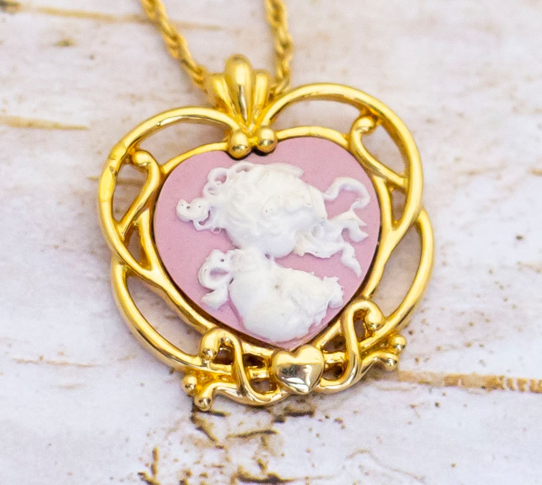 19 Inch, Vintage Heart Angel Cameo Gold Tone Necklace by Precious ...