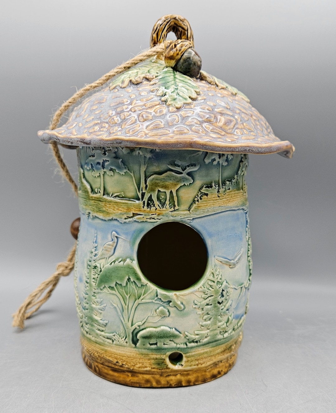 Handmade Pottery Birdhouse Northwest Woods Decor Yard Art Moose Bear ...