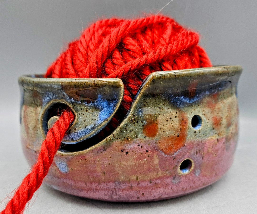 Handmade Yarn Bowl Stoneware Pottery Knitting Bowl Pink Blue Green Yarn ...