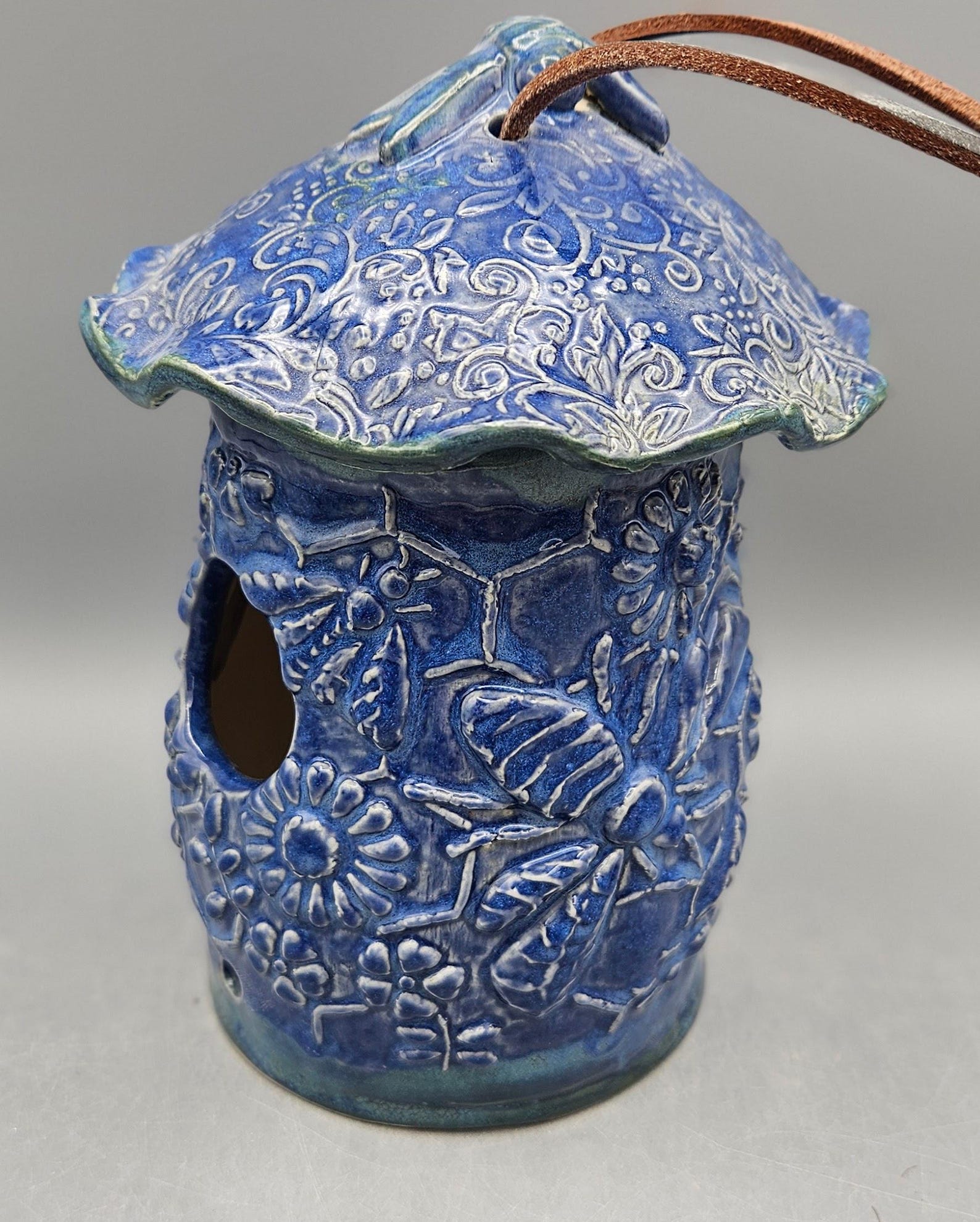Handmade Blue Ceramic Birdhouse, Bees and Flowers, Leather Hanger - Etsy