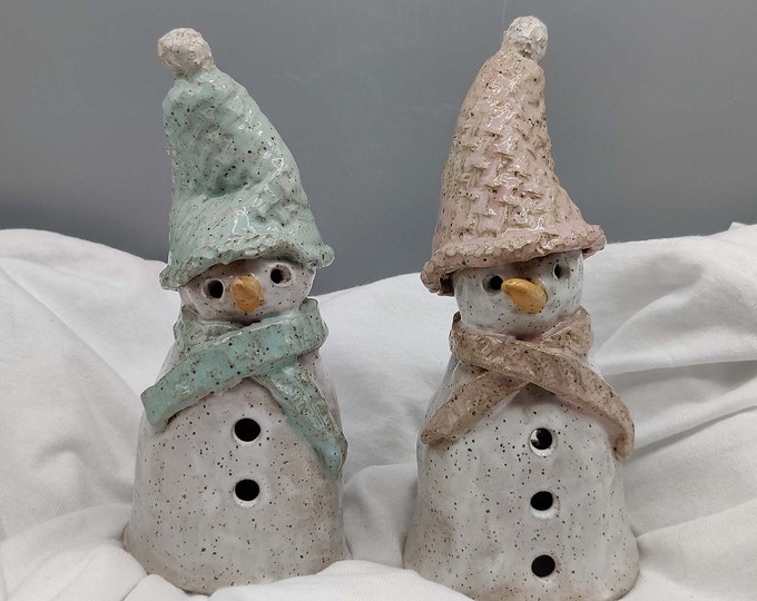 Snowman Luminary Tealight Pottery Handmade Stoneware Hand Sculpted ...