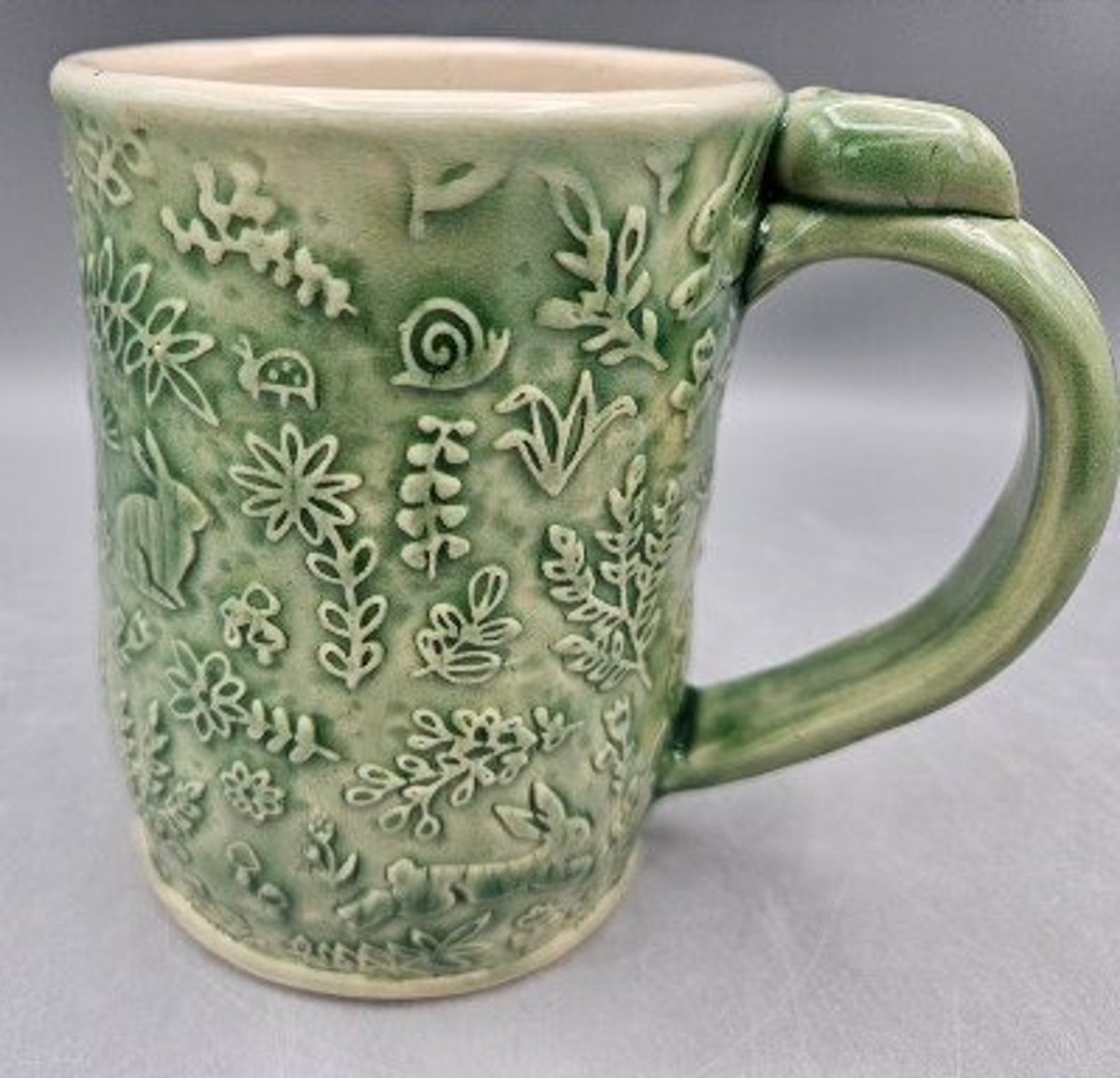 Handmade Pottery Mug Spring Bunny, Murshrooms, Snails and Flowers Jade ...