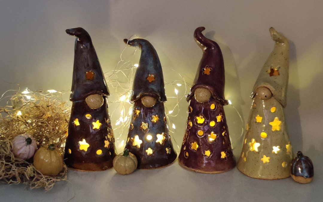 Handmade Pottery Tealight Luminary Gnomes Stoneware Ceramic Rustic ...