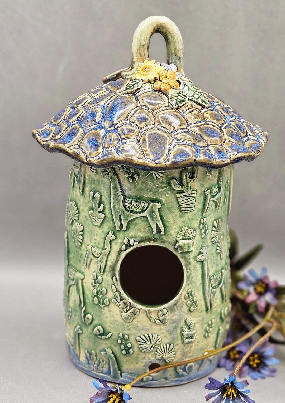 Handmade Ceramic Birdhouse Llama Cactus Patio Decor Green Bir - Etsy