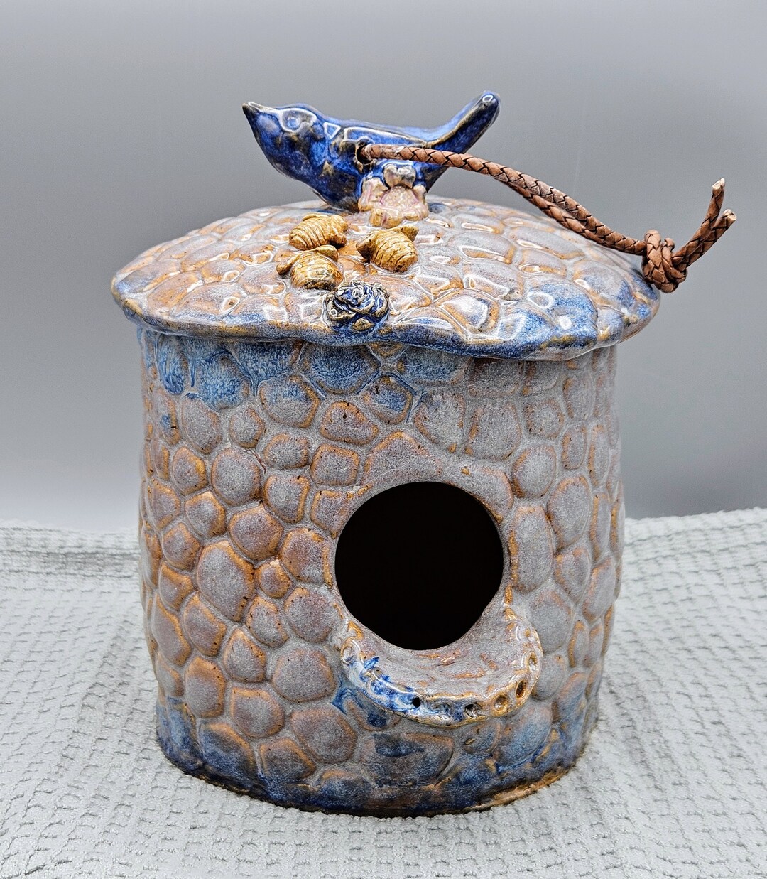 Handmade Stoneware Birdhouse: Rustic Blue Bee & Flower Appalachian ...