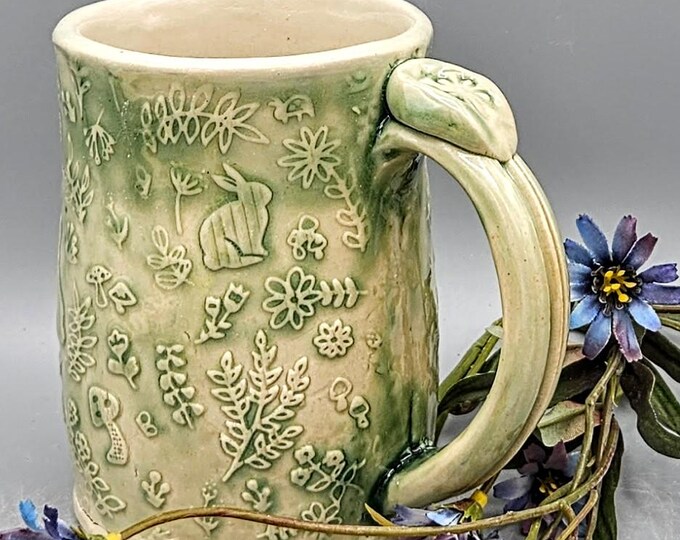 Handmade Pottery Mug Spring Bunny, Murshrooms, Snails and Flowers Jade ...