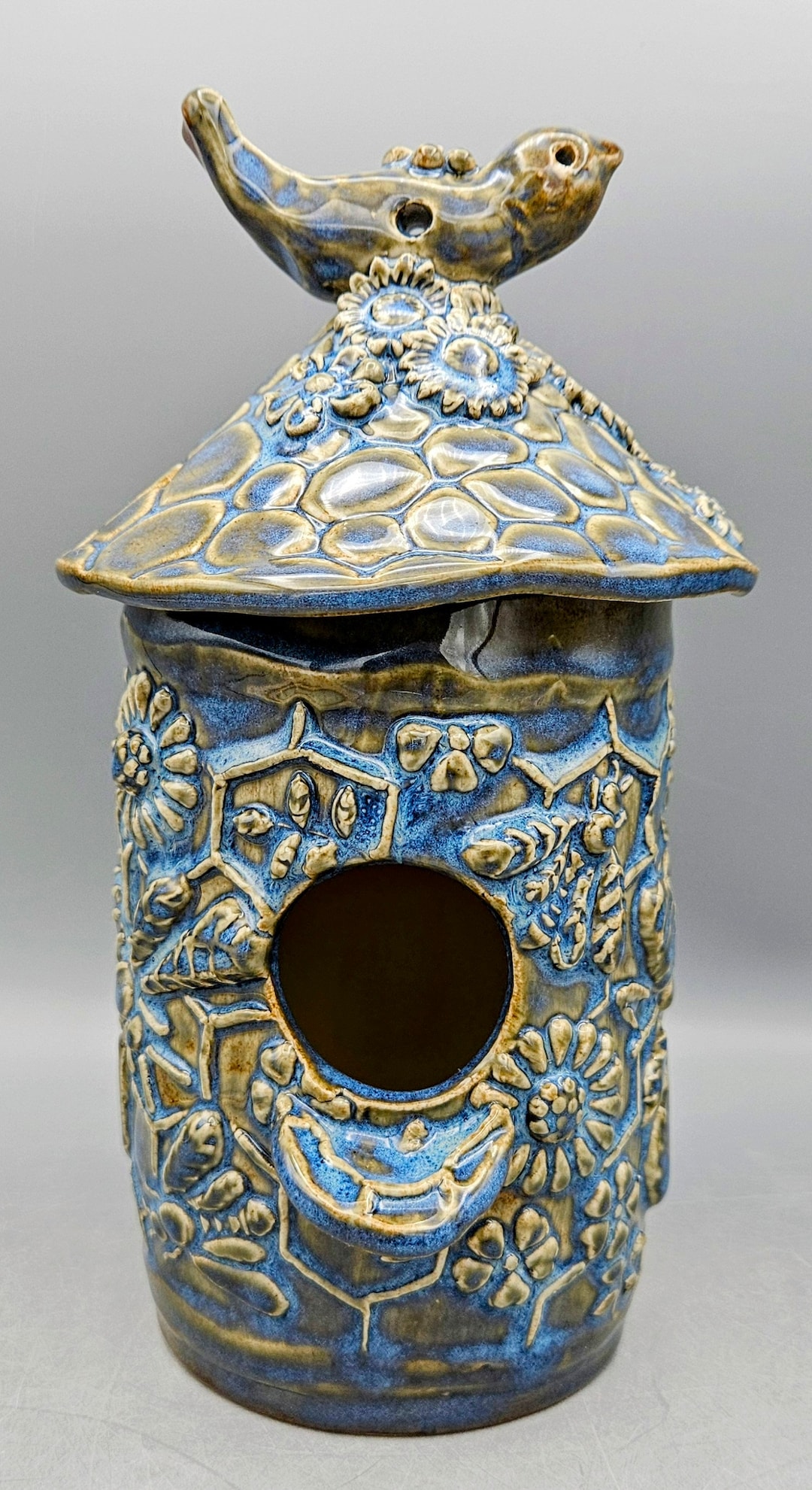 Handmade Birdhouse, Rustic Birdhouse, Birds and Bees, Blue Ceramic ...