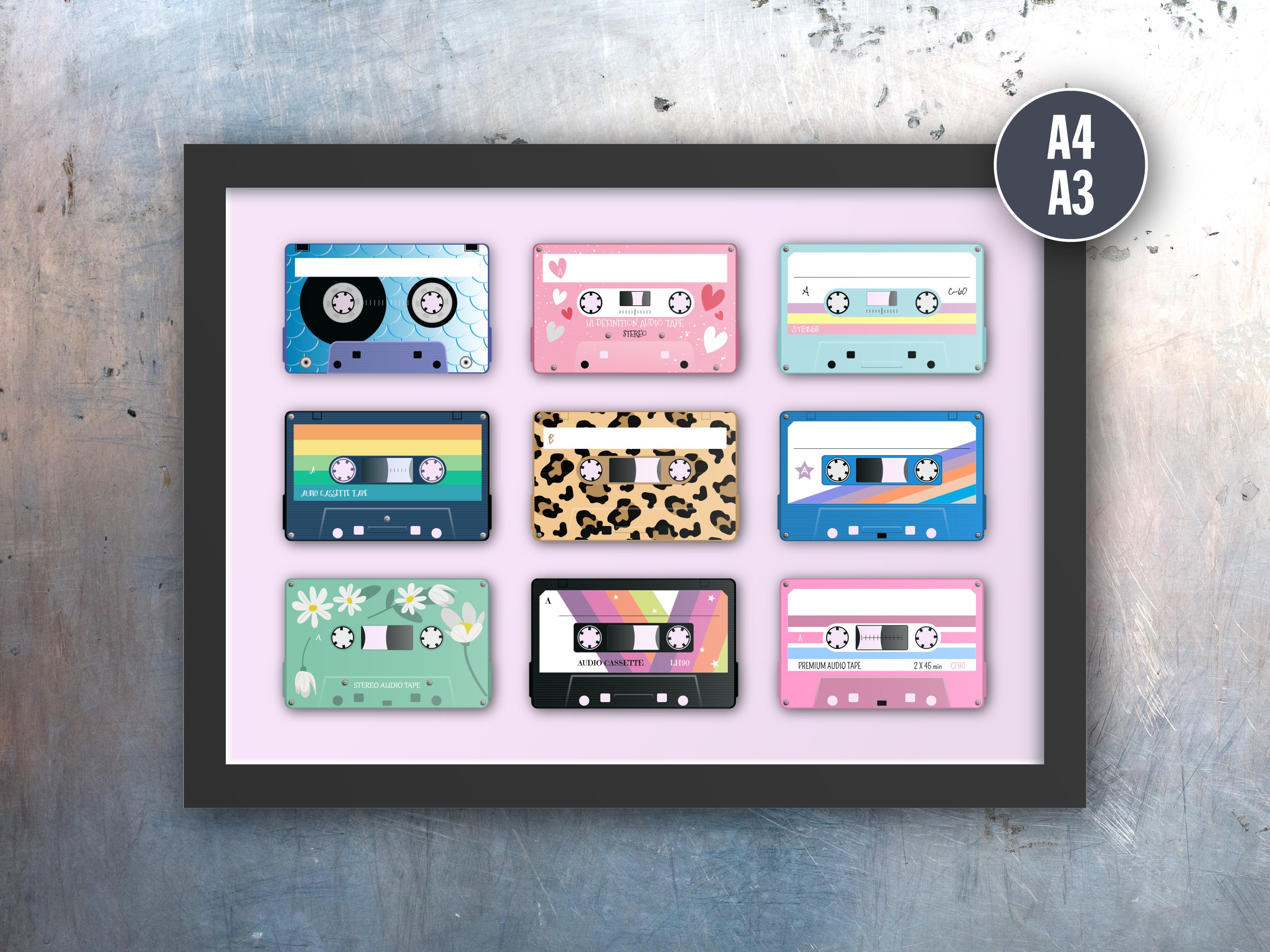 Personalised Custom Cute Audio Cassette Tapes Art Print A4 / A3 ...