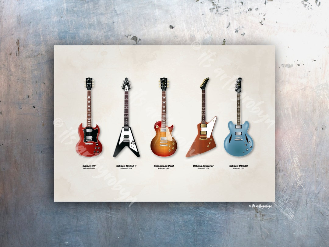 Gibson Classic Rock Guitars Fine Art Print A4 / A3 Landscape | Gift for ...