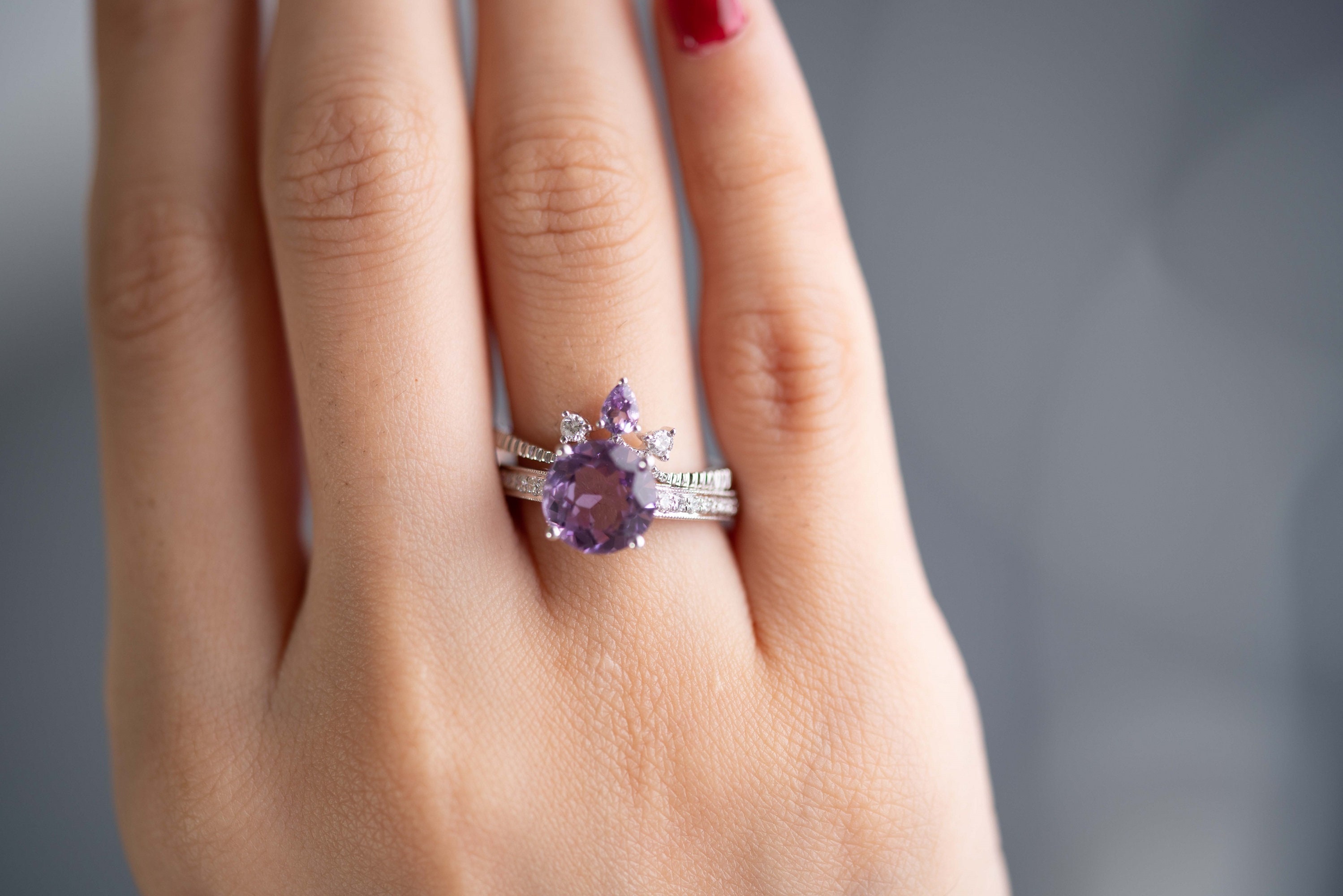 Classic Pink Amethyst 14k White Gold Round and Pear Cut Bridal - Etsy