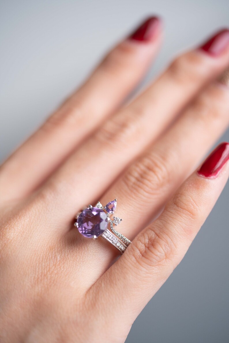 Classic Pink Amethyst 14k White Gold Round and Pear Cut Bridal - Etsy