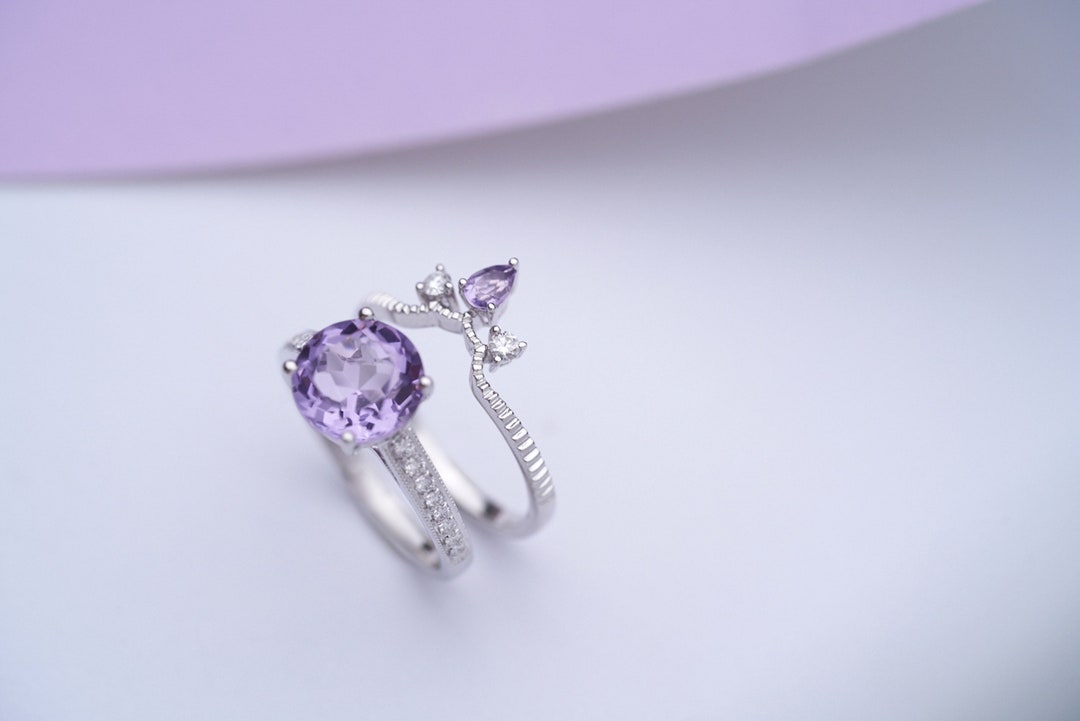 Classic Pink Amethyst 14k White Gold Round and Pear Cut Bridal - Etsy